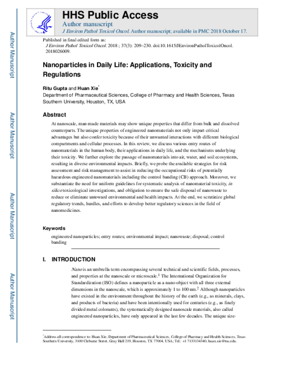 (PDF) Nanoparticles in Daily Life: Applications, Toxicity and Regulations