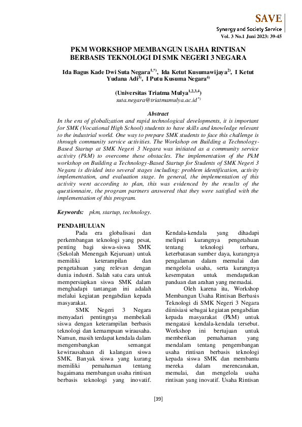(PDF) PKM Workshop Membangun Usaha Rintisan Berbasis Teknologi DI SMK Negeri 3 Negara