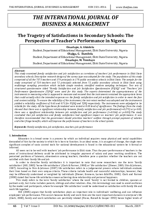 (PDF) Teachers Job Performance in Secondary Schools, Nigeria: The Effect of Family Satisfaction ...