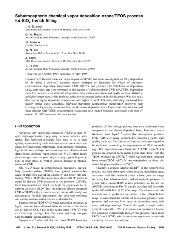 (PDF) Subatmospheric chemical vapor deposition ozone/TEOS process for SiO2 trench filling