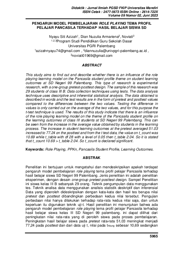 (PDF) Pengaruh Model Pembelajaran Role Playing Tema Profil Pelajar Pancasila Terhadap Hasil ...