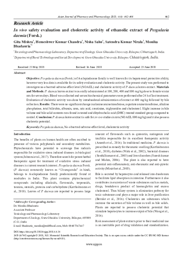 (PDF) In vivo safety evaluation and choleretic activity of ethanolic ...