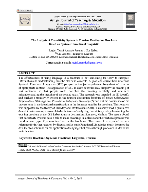 (PDF) The Analysis of Transitivity System in Tourism Destination Brochure Based on Systemic ...