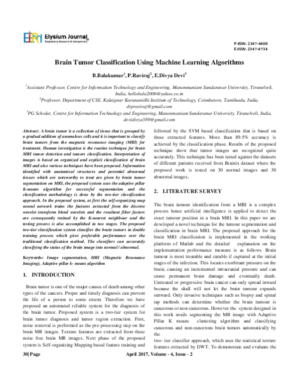 (PDF) Brain Tumor Classification Using Machine Learning Algorithms