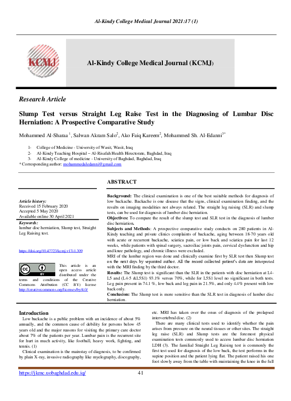 (PDF) Slump Test versus Straight Leg Raise Test in the Diagnosing of ...