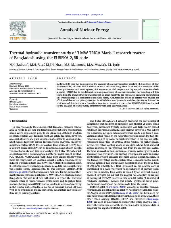 (PDF) Thermal hydraulic transient study of 3MW TRIGA Mark-II research reactor of Bangladesh ...