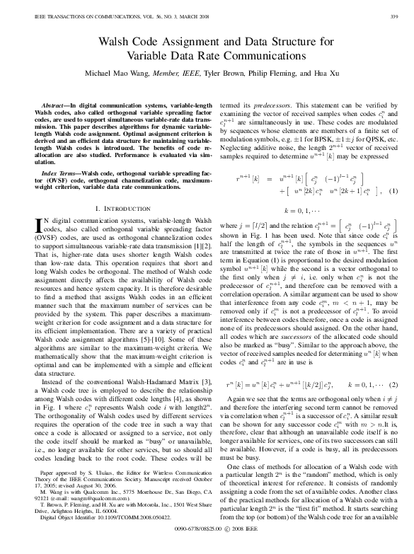 (PDF) Walsh code assignment and data structure for variable data rate communications | Tyler ...