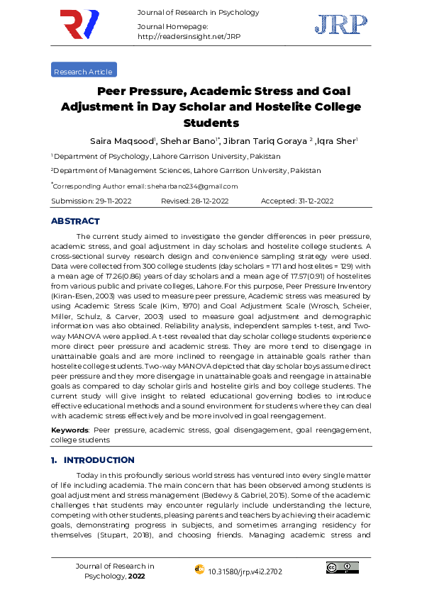 (PDF) Peer Pressure, Academic Stress and Goal Adjustment in Day ...