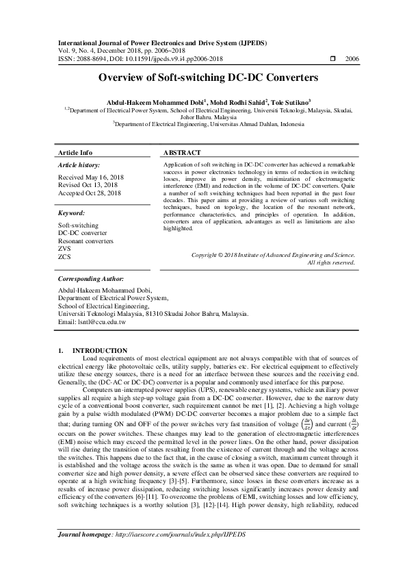 (PDF) Overview of Soft-Switching DC-DC Converters