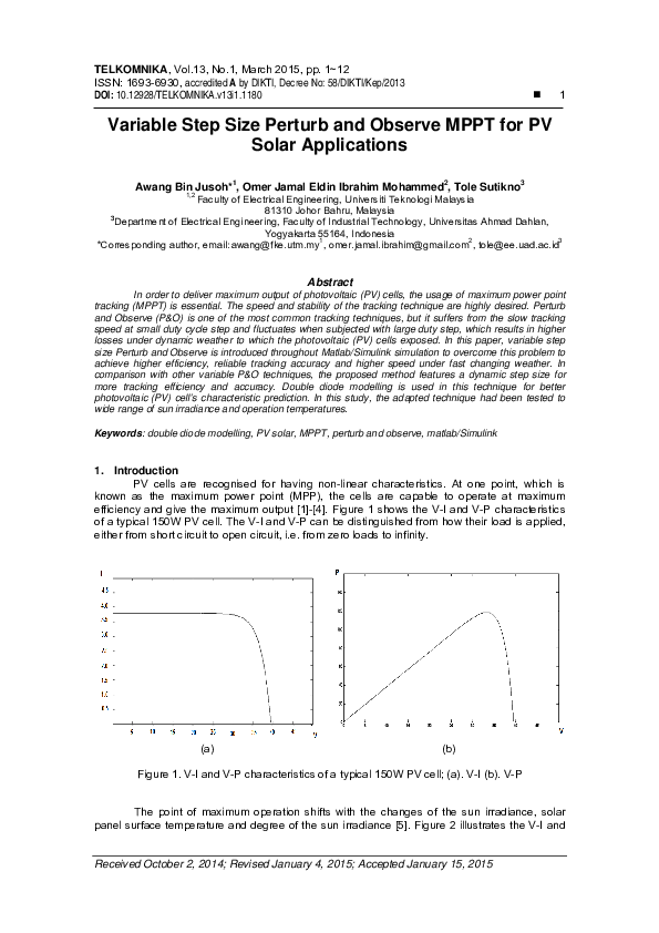 Pdf Variable Step Size Perturb And Observe Mppt For Pv Solar Applications Tole Sutikno 
