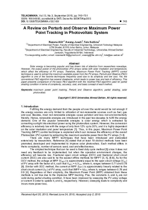 Pdf A Review On Perturb And Observe Maximum Power Point Tracking In Photovoltaic System 