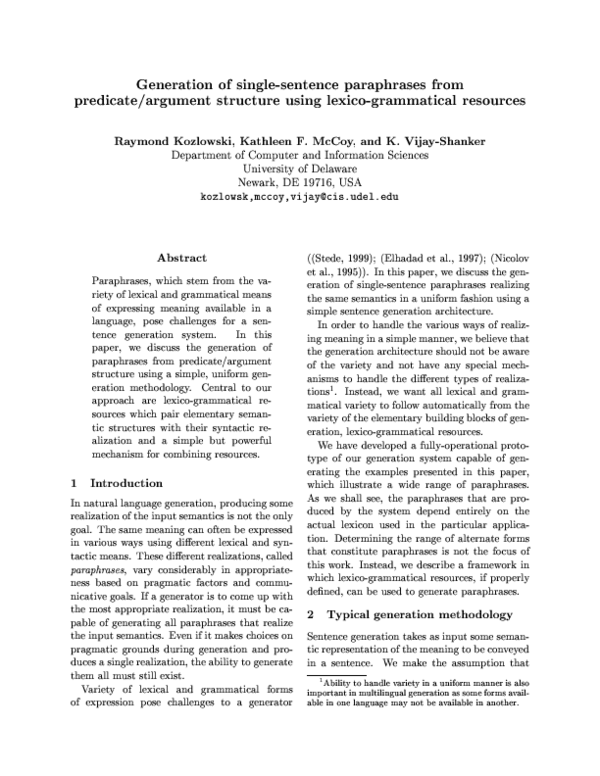 Pdf Generation Of Single Sentence Paraphrases From Predicate Argument Structure Using Lexico
