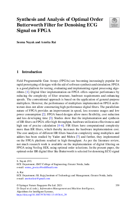 (PDF) Synthesis and Analysis of Optimal Order Butterworth Filter for Denoising ECG Signal on FPGA