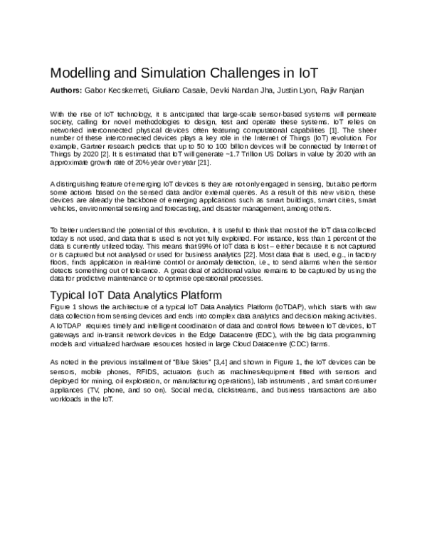 (PDF) Modelling and Simulation Challenges in IoT