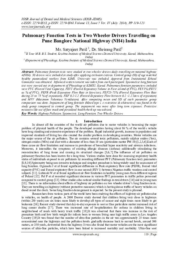 (PDF) Pulmonary Function Tests in Two Wheeler Drivers Travelling on ...