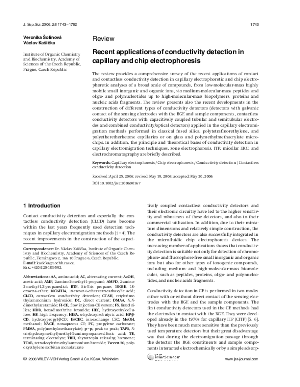Pdf Recent Applications Of Conductivity Detection In Capillary And Chip Electrophoresis