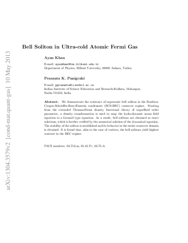 (PDF) Bell solitons in ultra-cold atomic Fermi gas | Ayan Khan ...