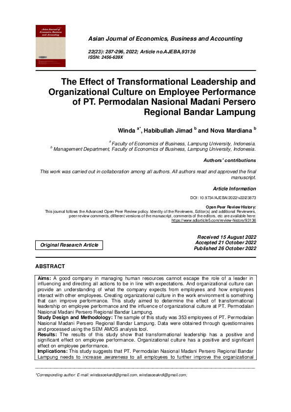 (PDF) The Effect of Transformational Leadership and Organizational Culture on Employee ...