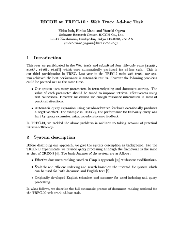 (PDF) RICOH at TREC-10: Web Track Ad-hoc Task