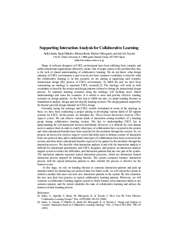 (PDF) Supporting Interaction Analysis for Collaborative Learning | Riichiro Mizoguchi - Academia.edu