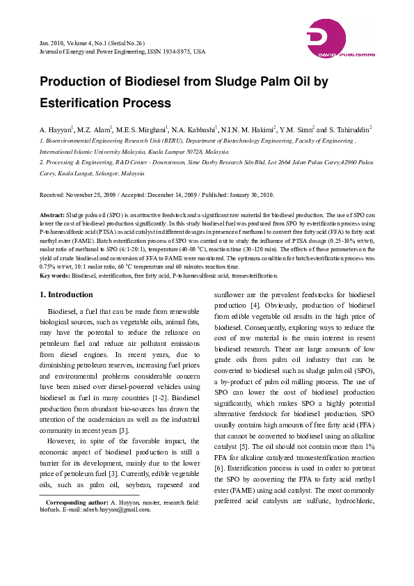 Production of biodiesel from sludge palm oil by esterification process