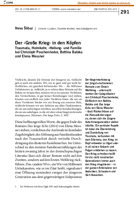 (PDF) Der ›Große Krieg‹ in den Köpfen. Traumata, Heimkehr, ›Heilung ...