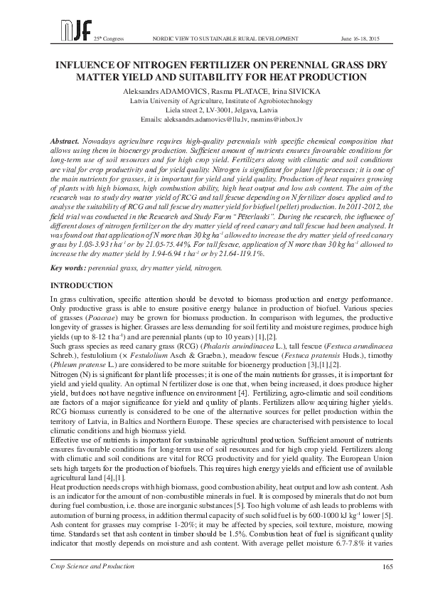 (PDF) Influence of nitrogen fertilizer on perennial grass dry matter yield and suitability for ...