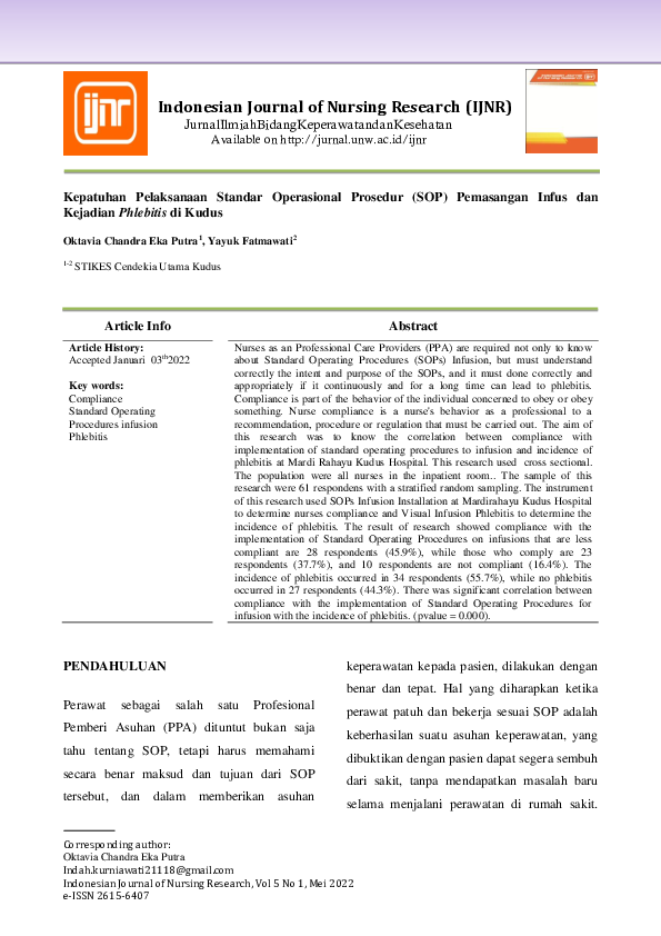 (PDF) Kepatuhan Pelaksanaan Standar Operasional (SOP) Pemasangan Infus ...