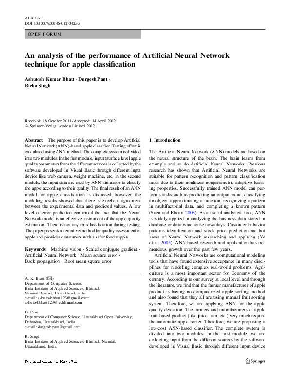 (PDF) An analysis of the performance of Artificial Neural Network technique for apple classification