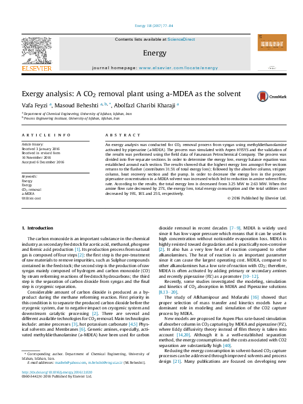 (PDF) Exergy analysis: A CO 2 removal plant using a-MDEA as the solvent