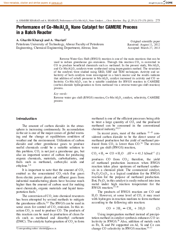 (PDF) Performance of Co-Mo/Al2O3 Nano Catalyst for CAMERE Process in a ...