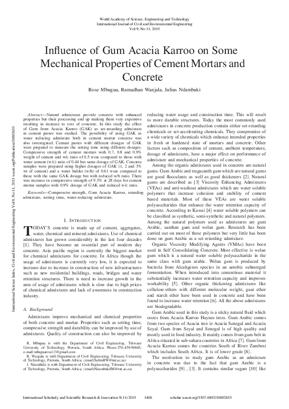(PDF) Influence Of Gum Acacia Karroo On Some Mechanical Properties Of Cement Mortars And Concrete