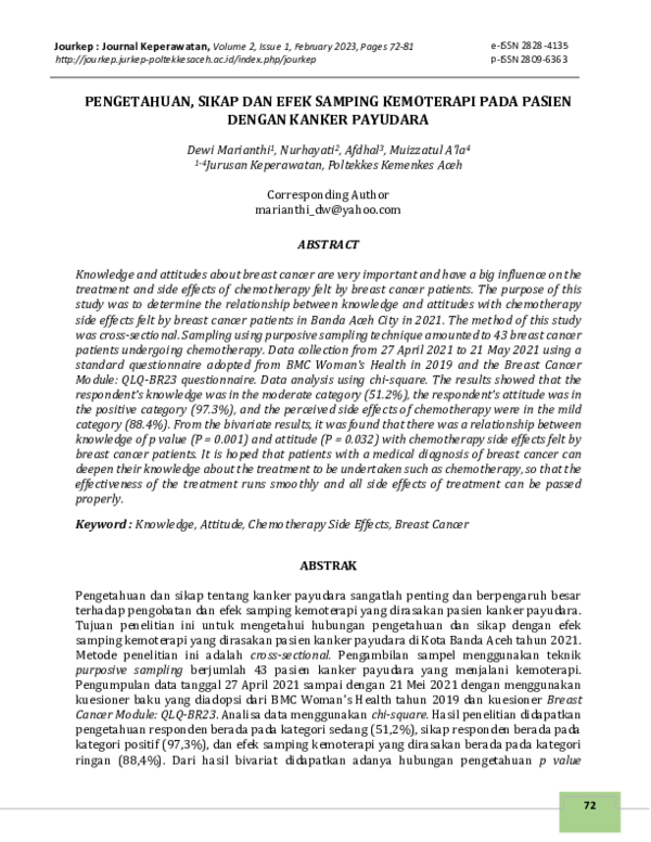Pdf Pengetahuan Sikap Dan Efek Samping Kemoterapi Pada Pasien Dengan