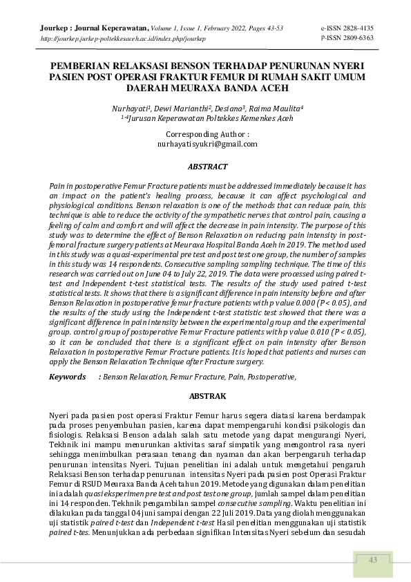 (PDF) Pemberian Relaksasi Benson Terhadap Penurunan Nyeri Pasien Post Operasi Fraktur Femur DI ...