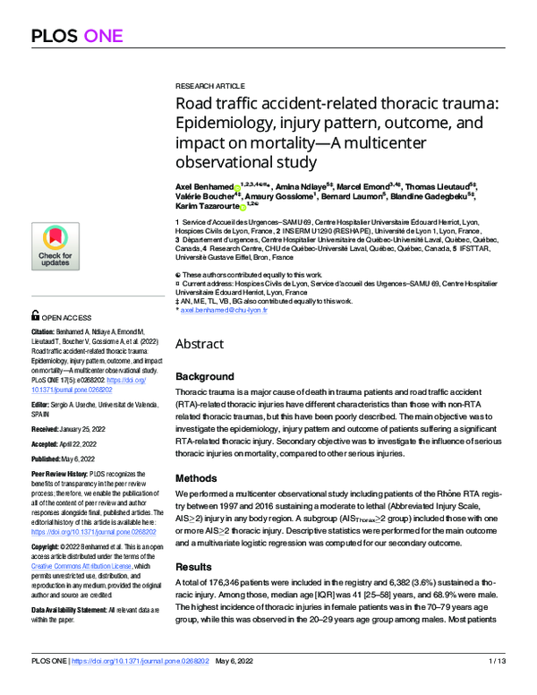 (PDF) Road traffic accident-related thoracic trauma: Epidemiology ...
