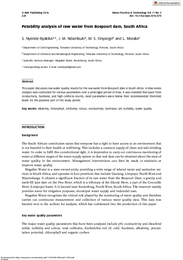 (PDF) Potability analysis of raw water from Bospoort dam, South Africa