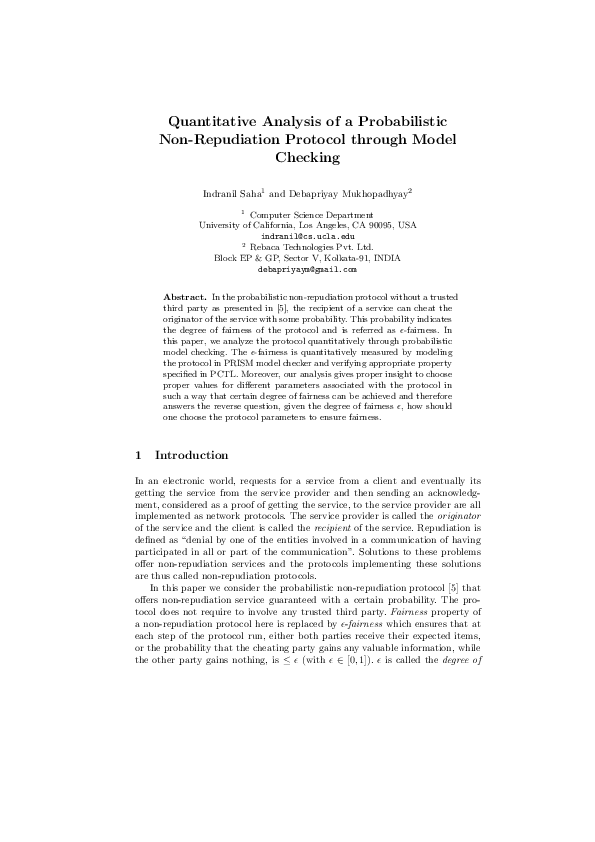 (PDF) Quantitative Analysis of a Probabilistic Non-repudiation Protocol through Model Checking