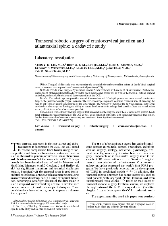 (PDF) Transoral robotic surgery of craniocervical junction and atlantoaxial spine: a cadaveric study