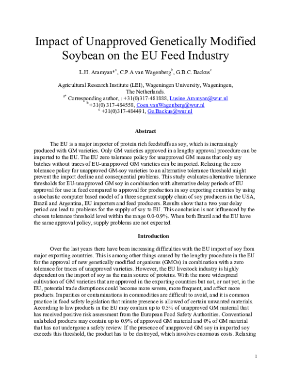 (PDF) Impact of unapproved genetically modified soybean on the EU feed industry