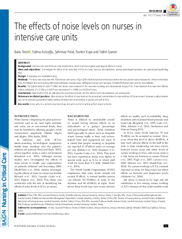 (PDF) The effects of noise levels on nurses in intensive care units