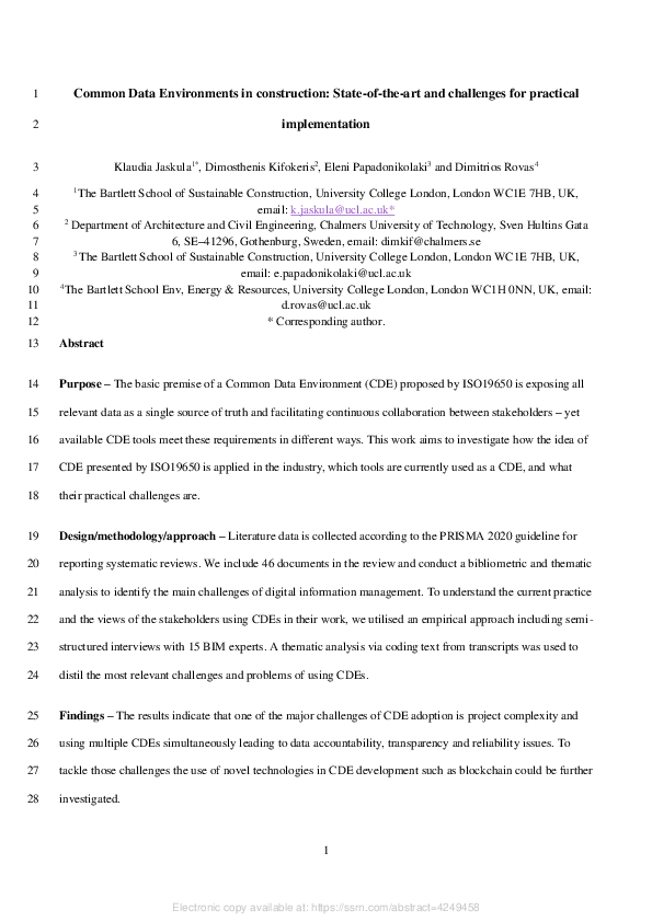 (PDF) Common Data Environments in construction: State-of-the-art and challenges for practical ...
