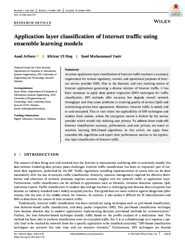 Pdf Application Layer Classification Of Internet Traffic Using Ensemble Learning Models