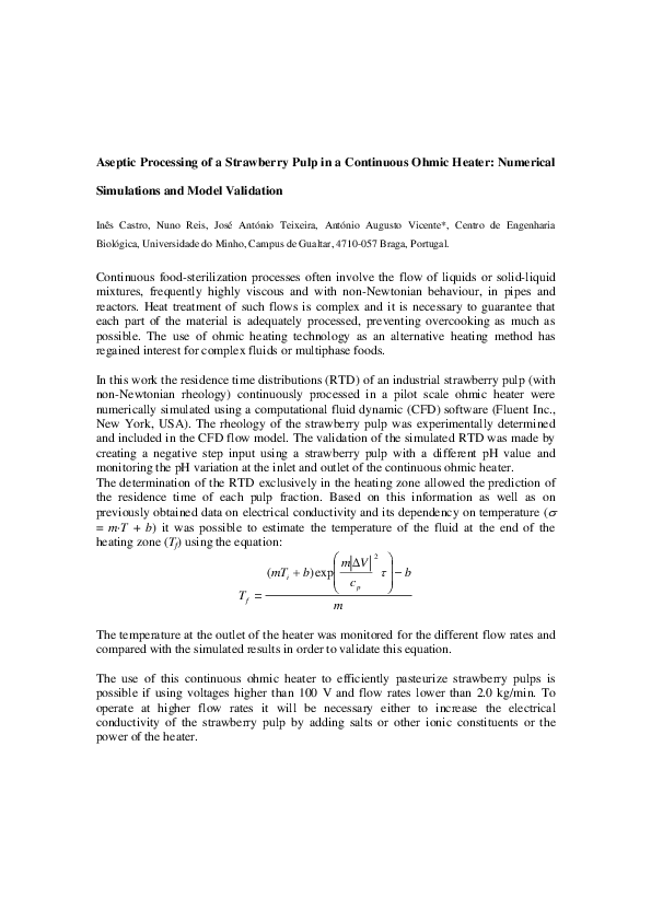 (PDF) Aseptic Processing of a Strawberry Pulp In a Continuous Ohmic Heater: Numerical ...
