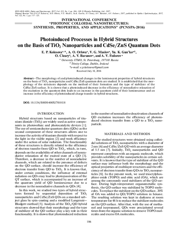 (PDF) Photoinduced processes in hybrid structures on the basis of ТіO2 ...