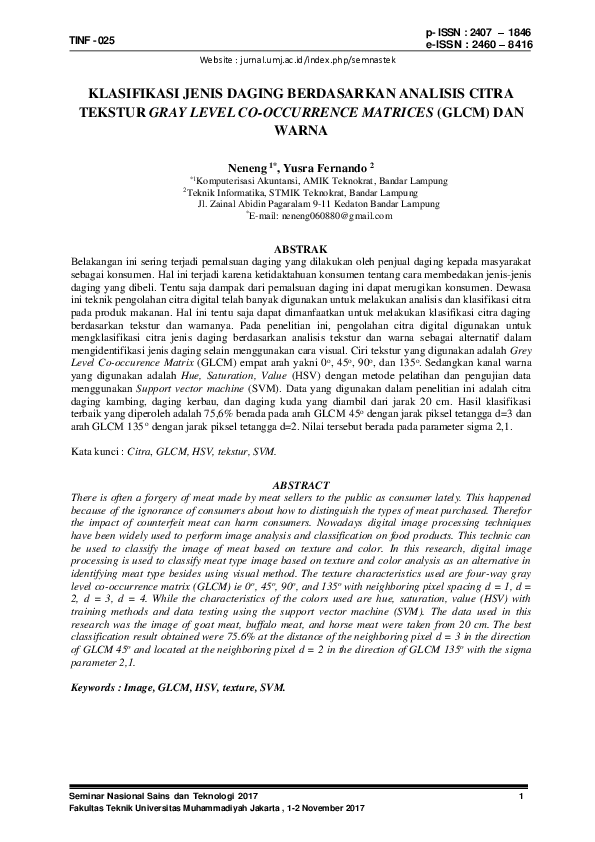 (PDF) Klasifikasi Jenis Daging Berdasarkan Analisis Citra Tekstur Gray Level Co-Occurrence ...