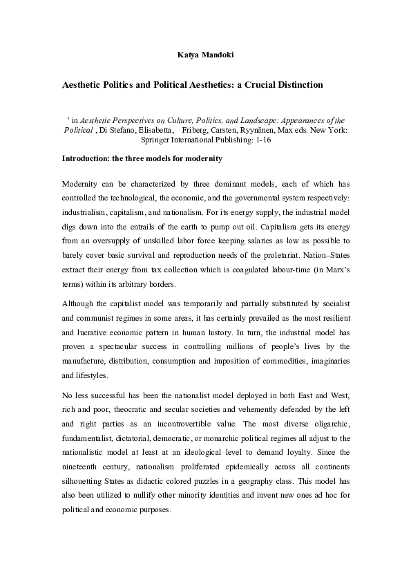 (PDF) Aesthetic Politics and Political Aesthetics: a Crucial Distinction