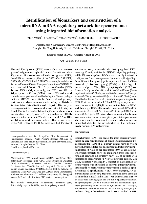 (PDF) Identification of key genes and construction of microRNA-mRNA regulatory networks in ...