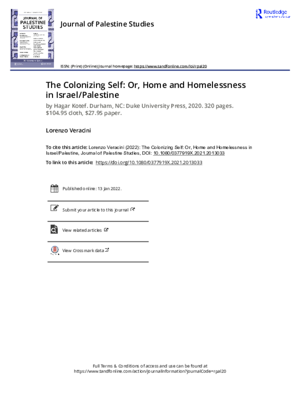 (PDF) The Colonizing Self: Or, Home and Homelessness in Israel/Palestine