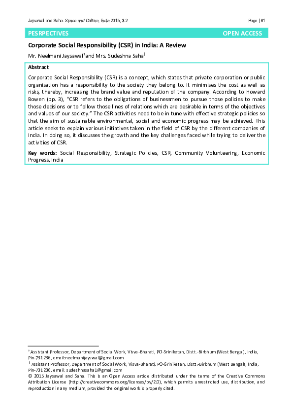 (PDF) Corporate Social Responsibility (CSR) in India: A Review