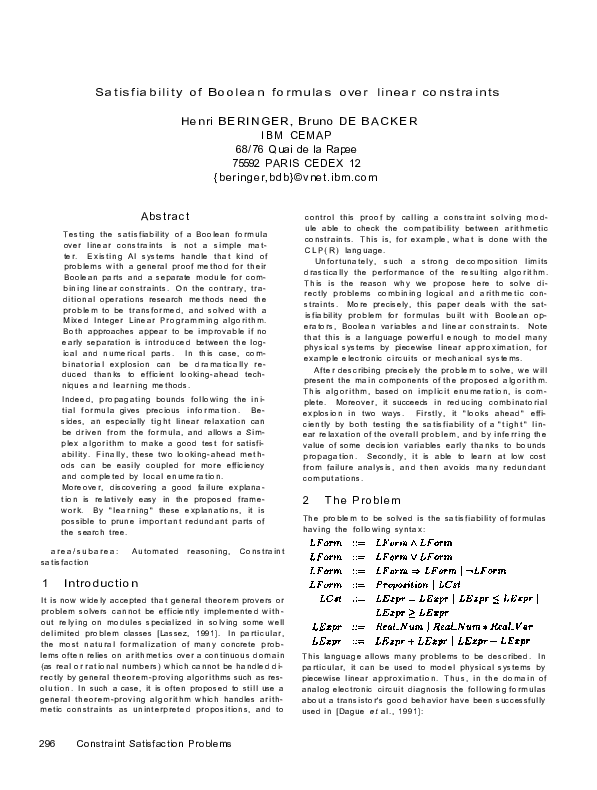 (PDF) Satisfiability of boolean formulas over linear constraints